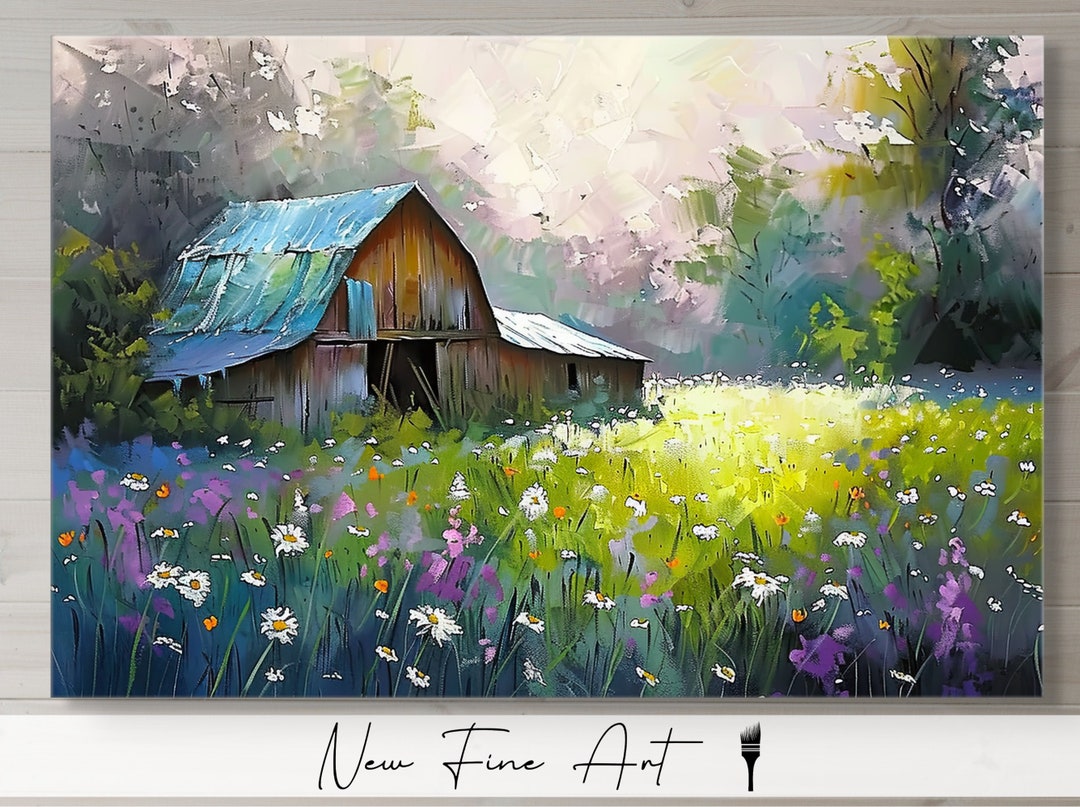 Oil Painting Barn in Flower Field, Farmhouse Wall Art, Country ...
