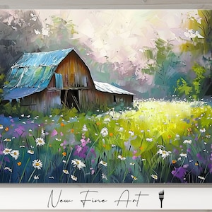 Oil Painting Barn in Flower Field, Farmhouse Wall Art, Country ...