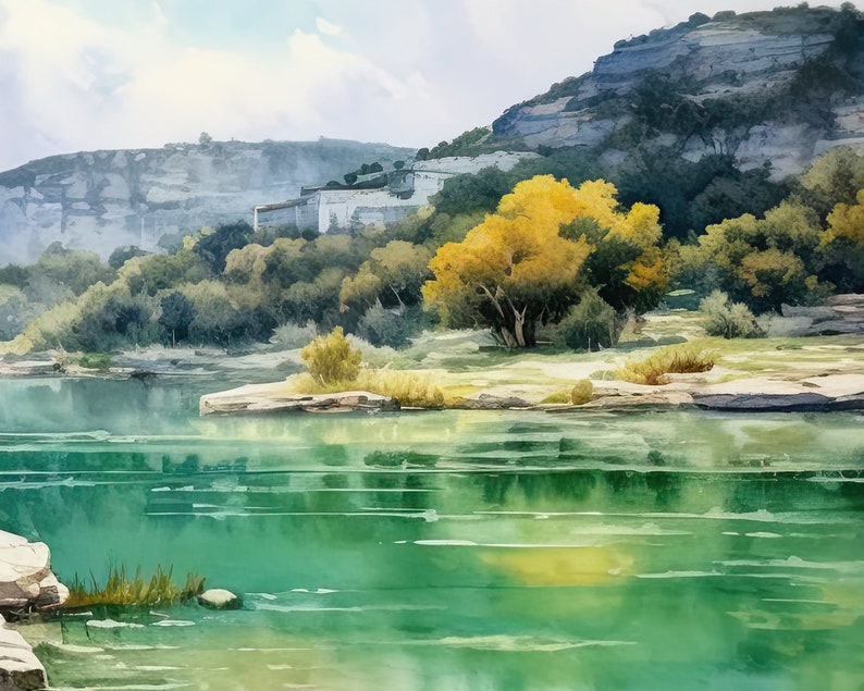 Texas Hill Country River Watercolor Landscape Wall Art - Etsy