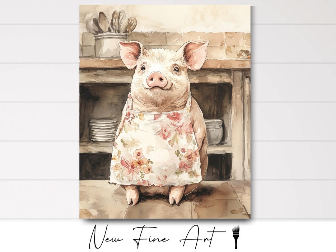 Potbelly Pig Wall Art, Floral Apron Pig Print, Country Kitchen Decor ...