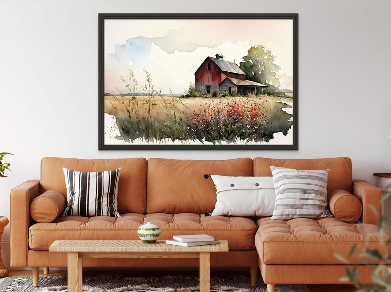 Farmhouse Red Barn Wall Art, Rustic Print, Flowers, Country Landscape ...