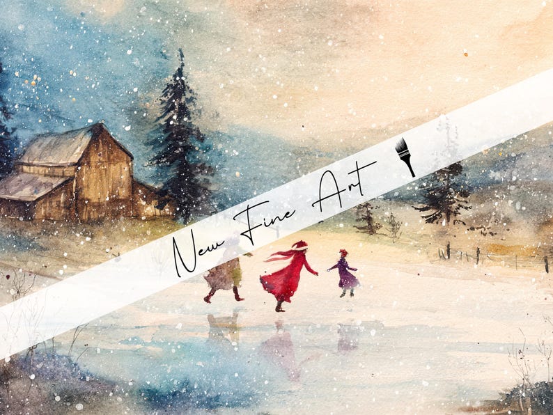 Art Print Winter Barn Ice Skating Family Snowy Landscape Watercolor - Etsy