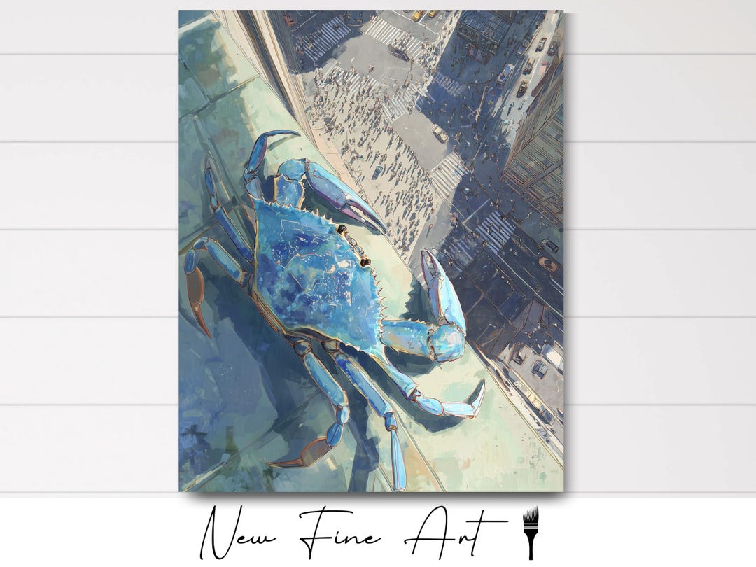 Blue Crab Manhattan Art Surreal NYC Skyline Wall Decor • Whimsical Sea ...