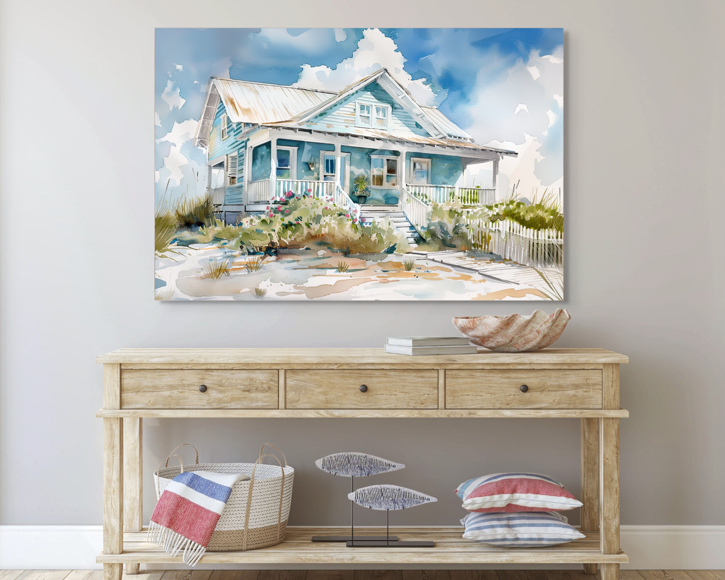 Rustic Seaside Beach Cottage Watercolor Art Print, Tranquil Coastal ...