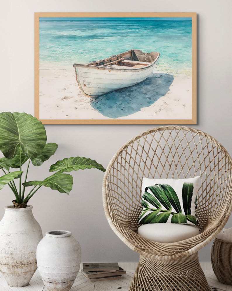 Wooden Rowboat on Tropical Shore • Coastal Beach Wall Art • Nautical ...