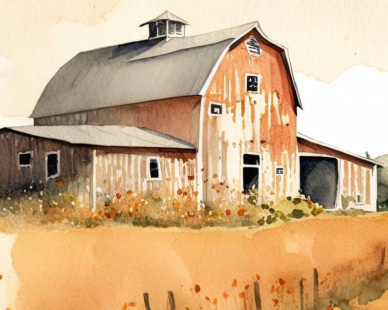 Pumpkin Patch Barn Watercolor, Autumn Harvest Farmhouse Decor, Country ...
