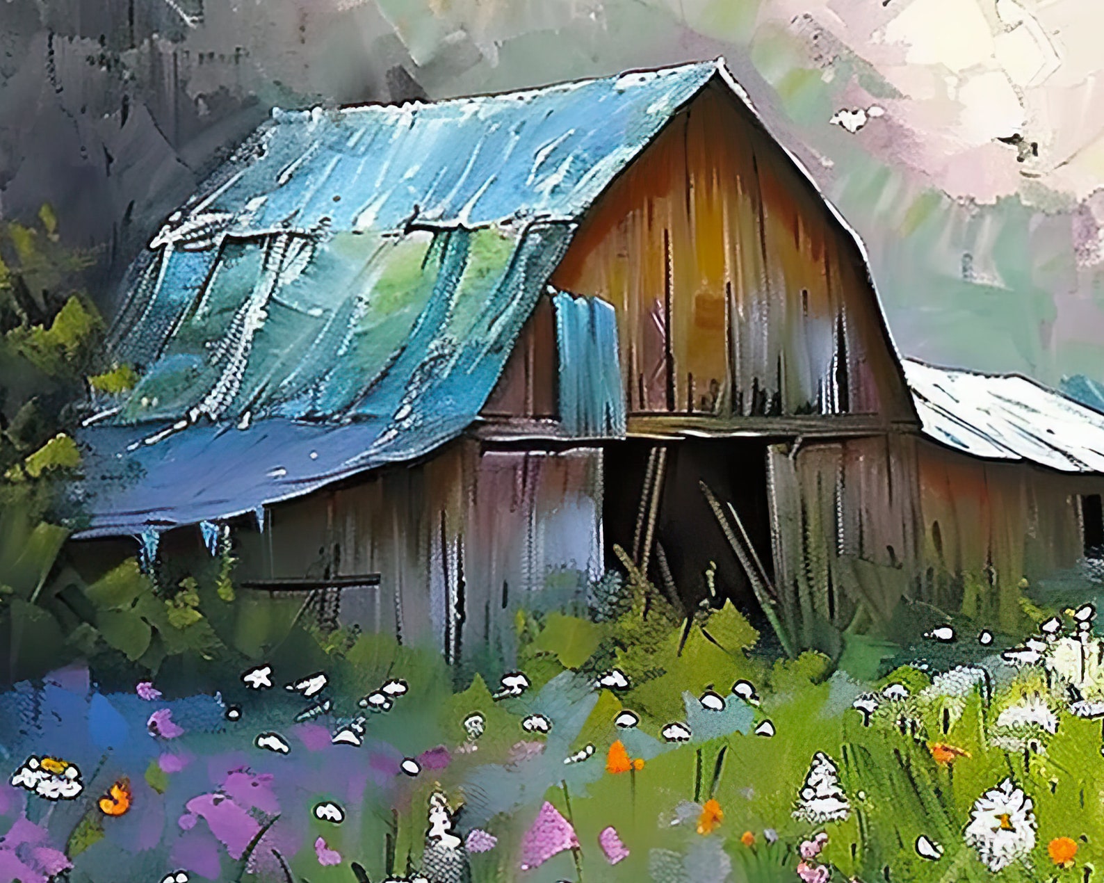 Oil Painting Barn in Flower Field, Farmhouse Wall Art, Country ...