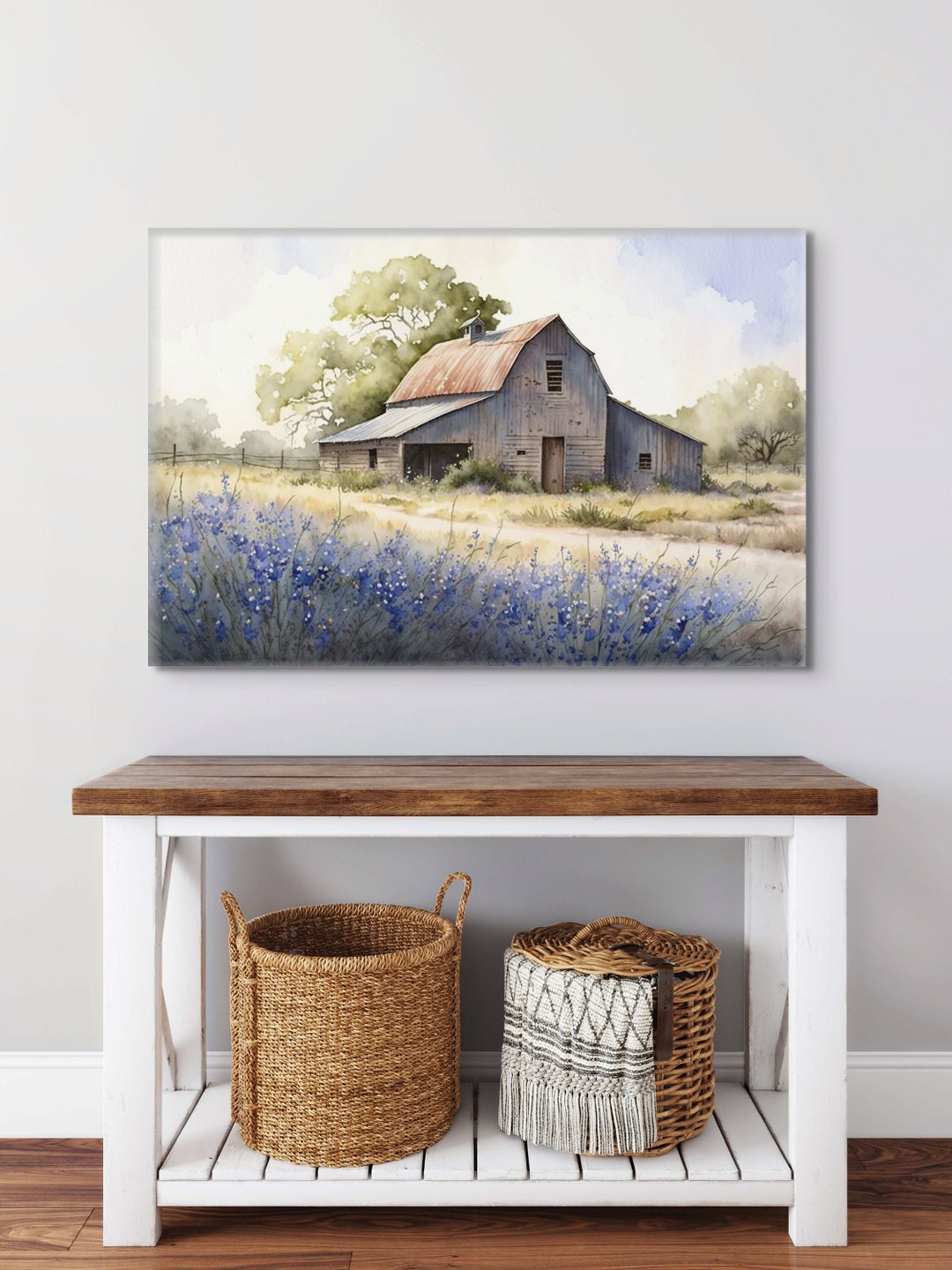Watercolor Barn Art, Vintage Farmhouse Wall Art With Wildflowers, Texas ...