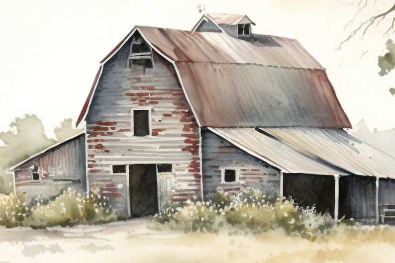 Watercolor Barn Wall Art, Farmhouse, Landscape, Countryside, Neutral ...