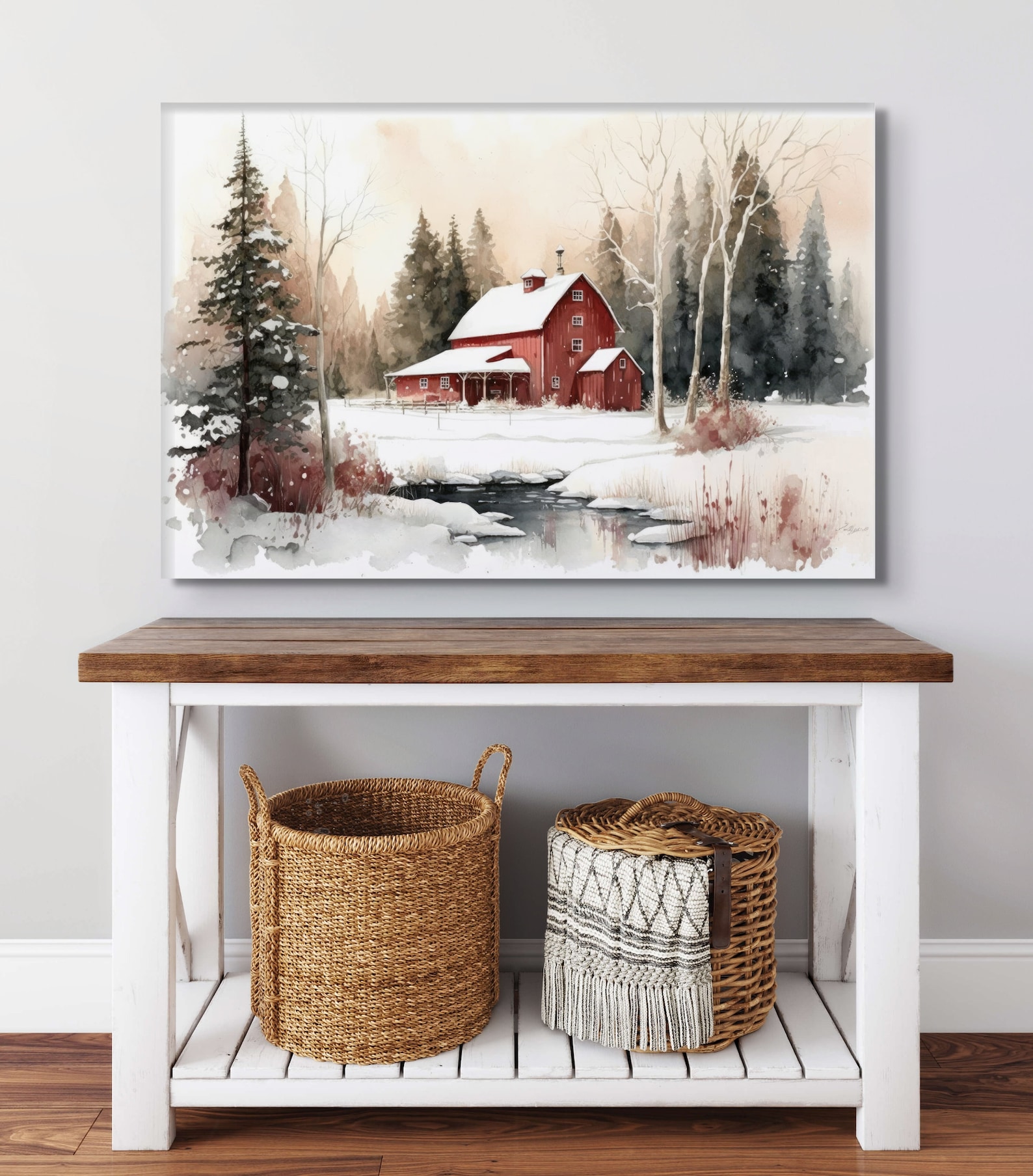 Farmhouse Winter Snow Barn Wall Art, Rustic Print, Red Barn, Country ...
