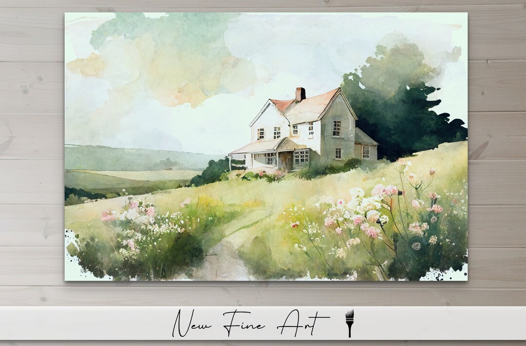 Hilltop Spring Cottage, Rustic Print, Flowers, Farmhouse, Rolling Hills ...