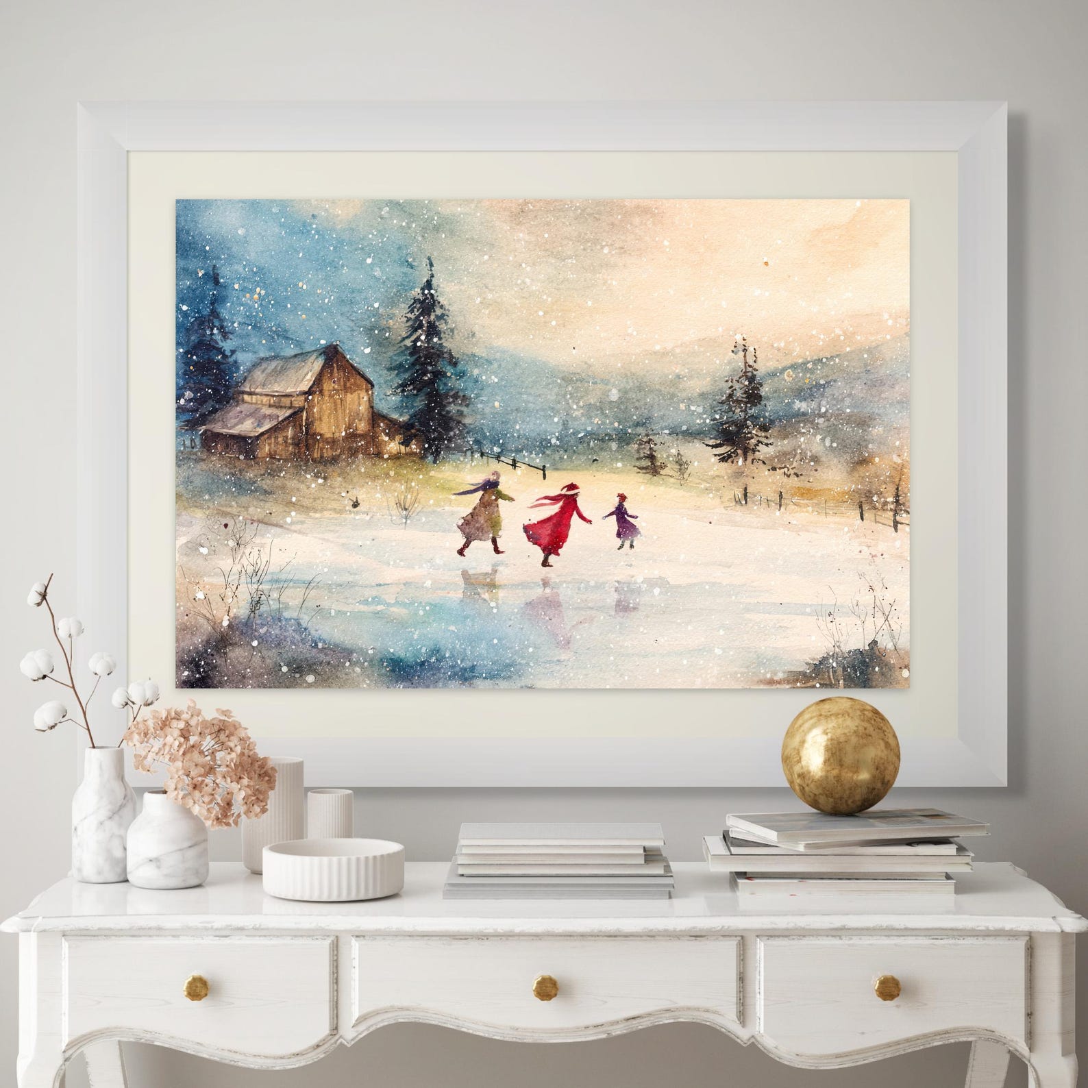Art Print Winter Barn Ice Skating Family Snowy Landscape Watercolor - Etsy