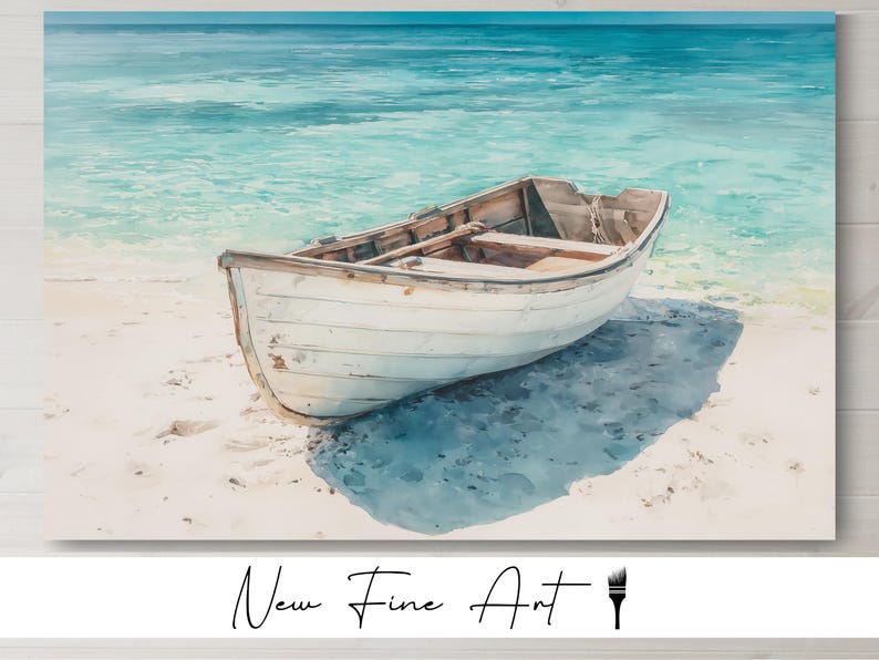 Wooden Rowboat on Tropical Shore • Coastal Beach Wall Art • Nautical ...