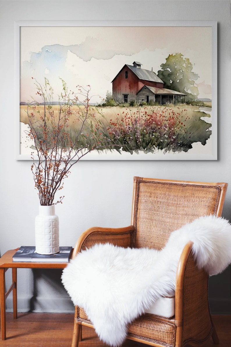 Farmhouse Red Barn Wall Art, Rustic Print, Flowers, Country Landscape ...