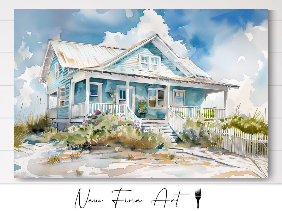 Rustic Seaside Beach Cottage Watercolor Art Print, Tranquil Coastal ...