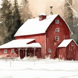 Farmhouse Winter Snow Barn Wall Art, Rustic Print, Red Barn, Country ...