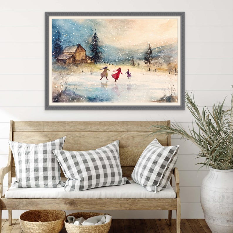 Art Print Winter Barn Ice Skating Family Snowy Landscape Watercolor - Etsy