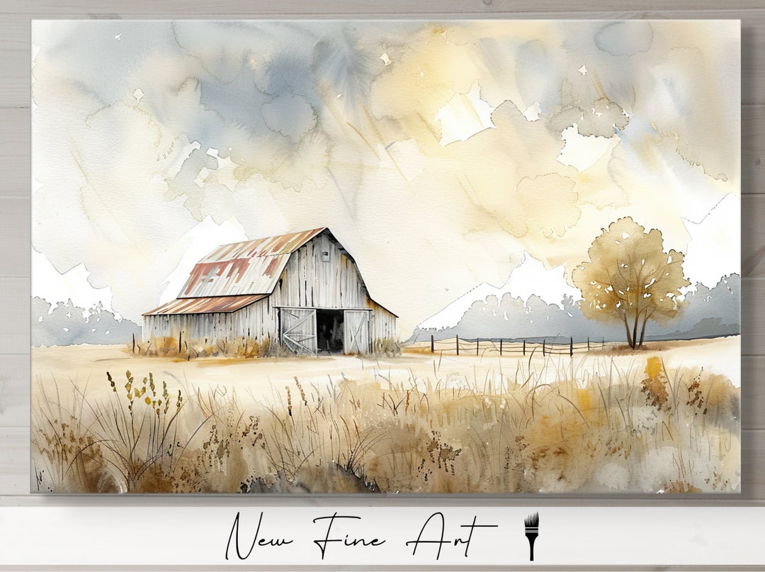 Rustic Barn Watercolor Art Neutral Countryside Farmhouse Decor Country ...