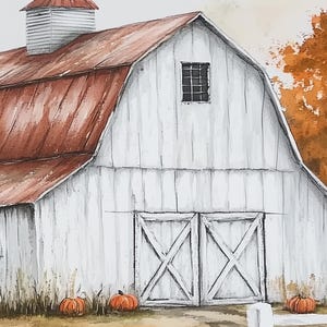 Rustic Fall Barn and Windmill Art Print With Pumpkins, Autumn Farmhouse ...