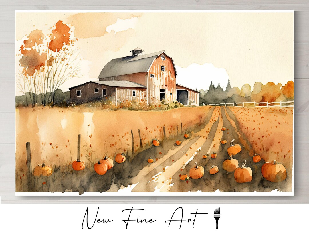 Pumpkin Patch Barn Watercolor, Autumn Harvest Farmhouse Decor, Country ...