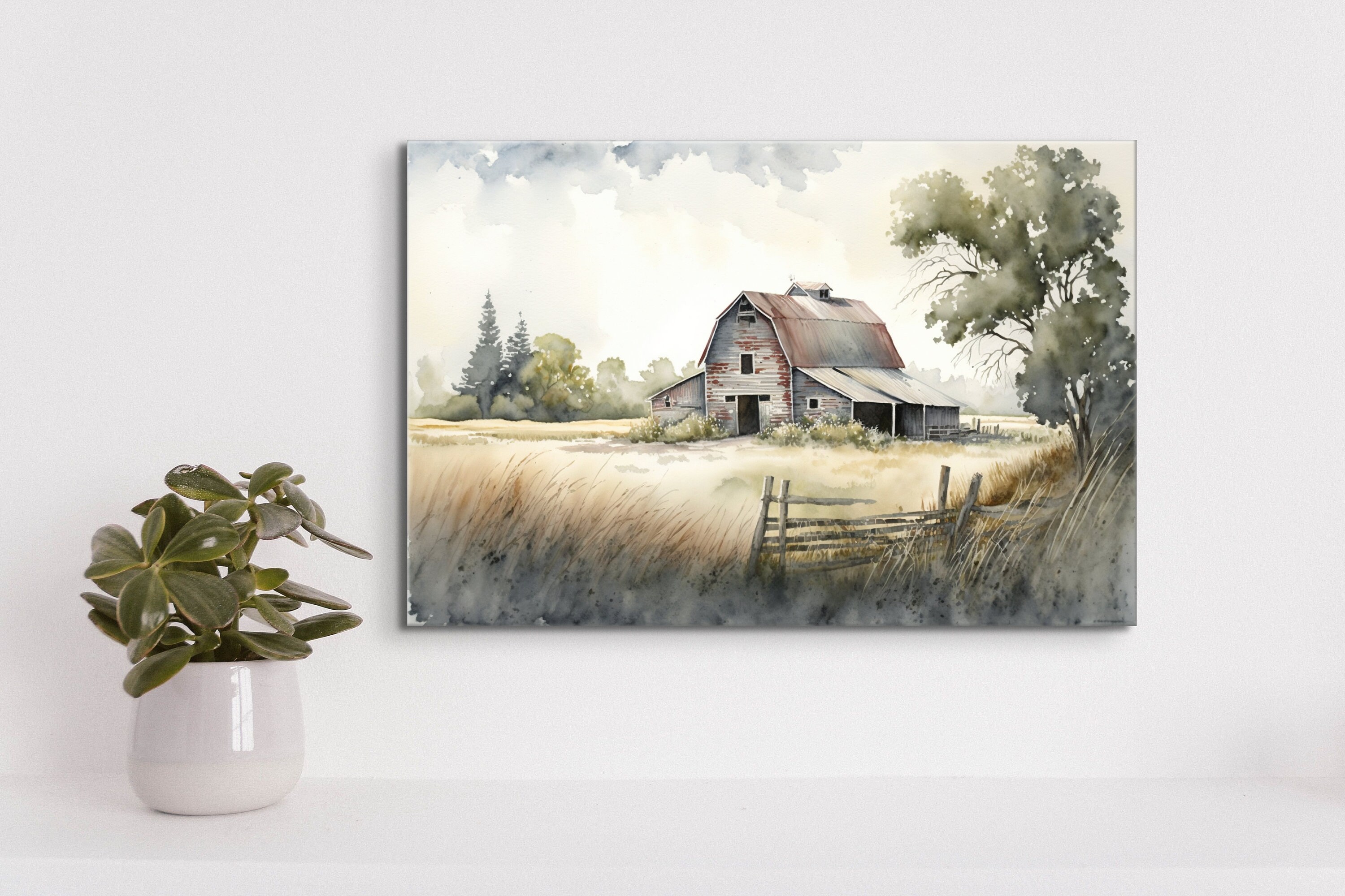 Watercolor Barn Wall Art, Farmhouse, Landscape, Countryside, Neutral ...