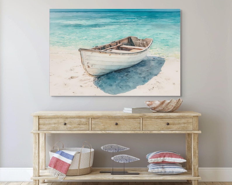 Wooden Rowboat on Tropical Shore • Coastal Beach Wall Art • Nautical ...