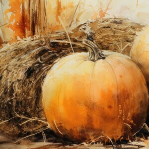 Fall Pumpkin Watercolor, Hay Bale, Country, Autumn, Wall Art, Modern ...