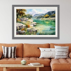Texas Hill Country River Watercolor, Landscape Wall Art, Limestone ...