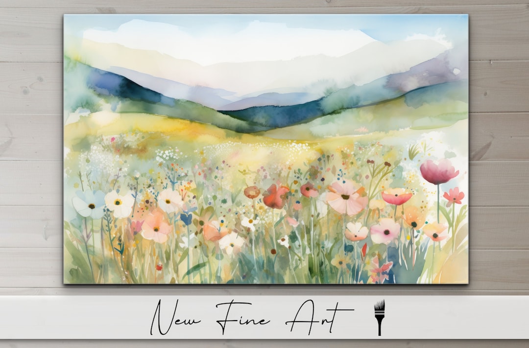 Flower Meadow Watercolor, Rustic, Abstract, Modern Farmhouse Landscape ...
