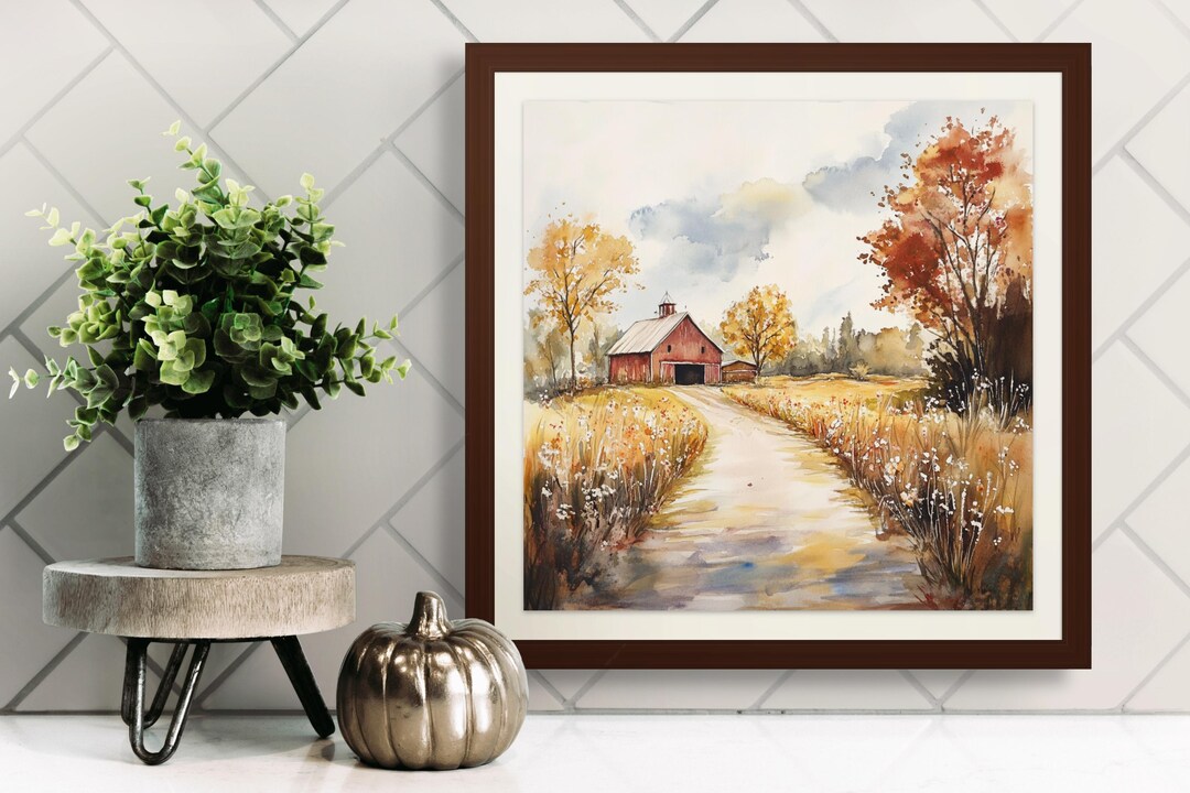 Wall Art Red Barn Fall Landscape Country Pathway Autumn Farm Watercolor ...