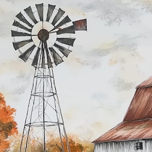 Rustic Fall Barn and Windmill Art Print With Pumpkins, Autumn Farmhouse ...