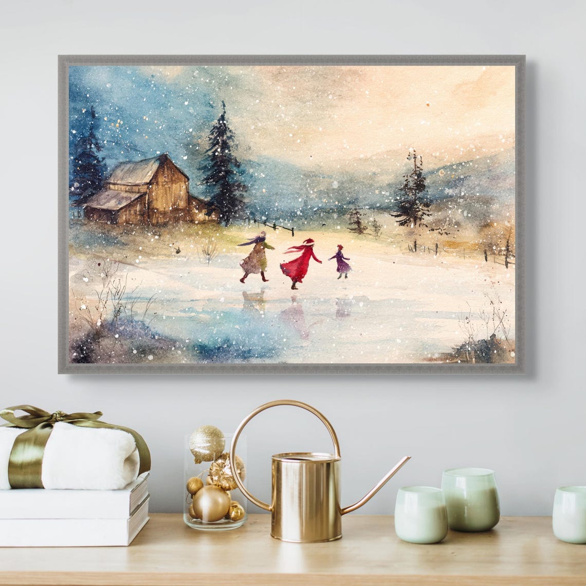 Art Print Winter Barn Ice Skating Family Snowy Landscape Watercolor - Etsy