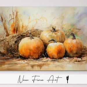 Fall Pumpkin Watercolor, Hay Bale, Country, Autumn, Wall Art, Modern ...