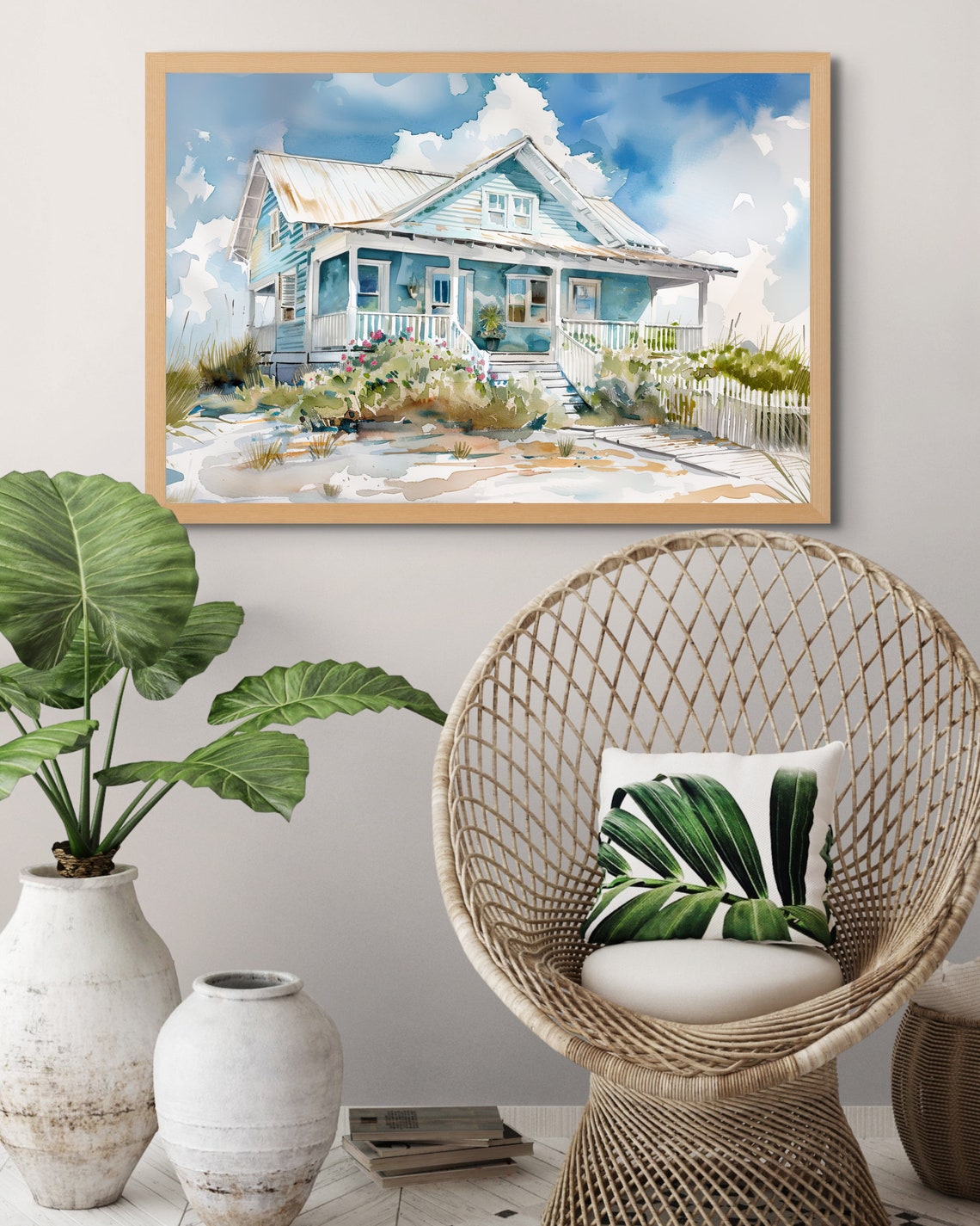 Rustic Seaside Beach Cottage Watercolor Art Print, Tranquil Coastal ...
