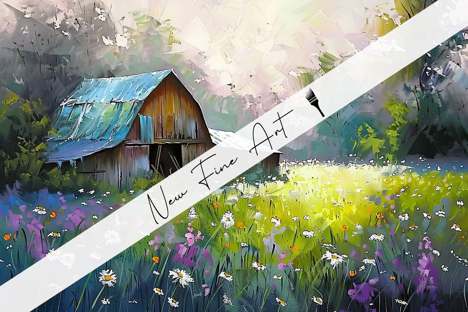 Oil Painting Barn in Flower Field, Farmhouse Wall Art, Country ...