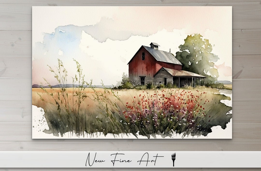 Farmhouse Red Barn Wall Art, Rustic Print, Flowers, Country Landscape ...