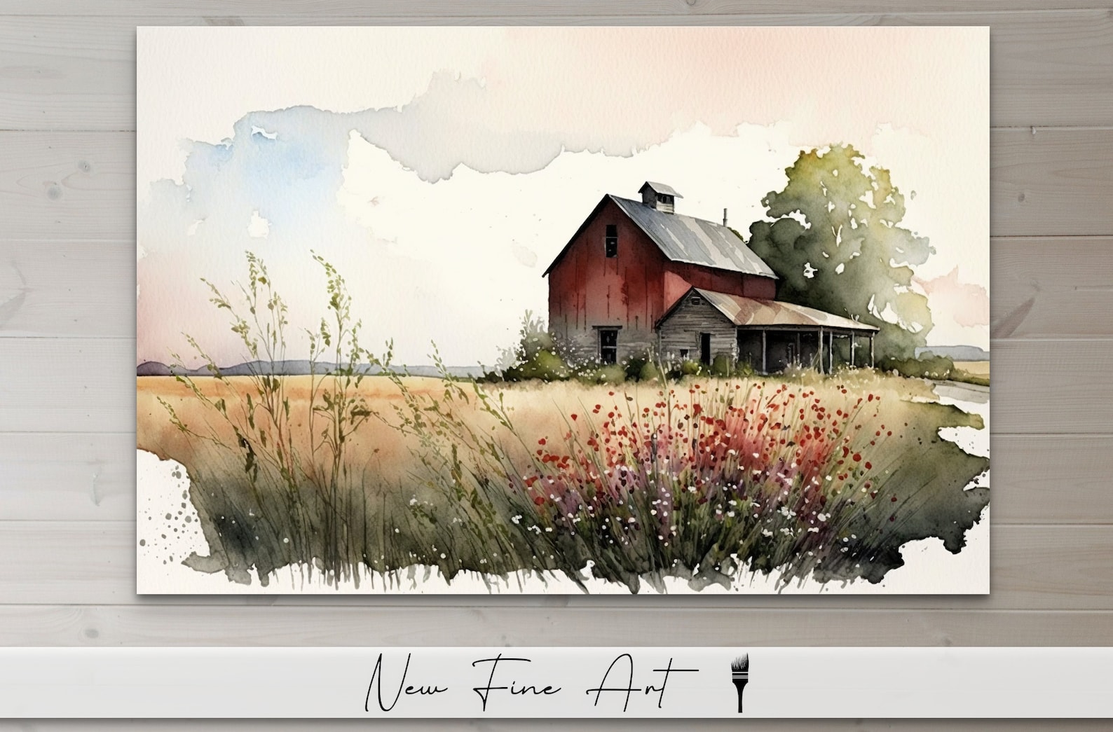Farmhouse Red Barn Wall Art, Rustic Print, Flowers, Country Landscape ...