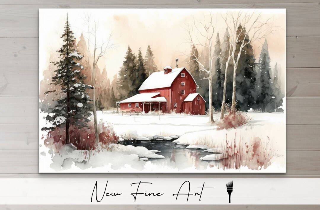 Farmhouse Winter Snow Barn Wall Art, Rustic Print, Red Barn, Country ...