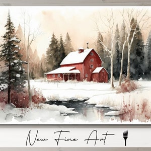 Farmhouse Winter Snow Barn Wall Art, Rustic Print, Red Barn, Country ...