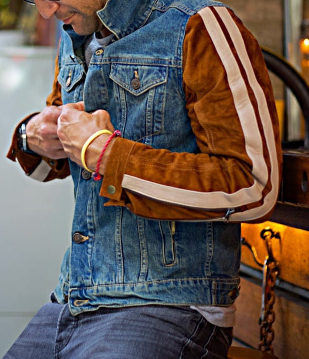 Trendinn Motorcycle Denim Jacket Jeans Fabric and Suede Leather Jacket ...