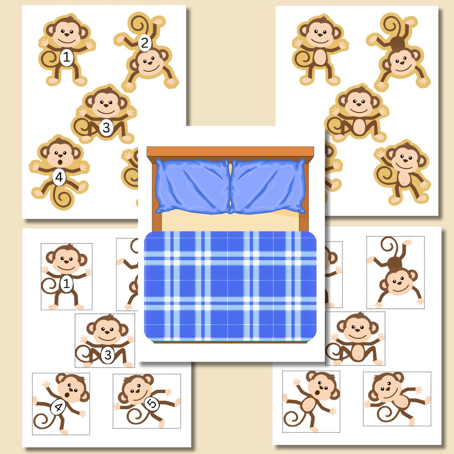 5 Little Monkeys Printable Activity, Nursery Rhymes, Numbers & Counting ...