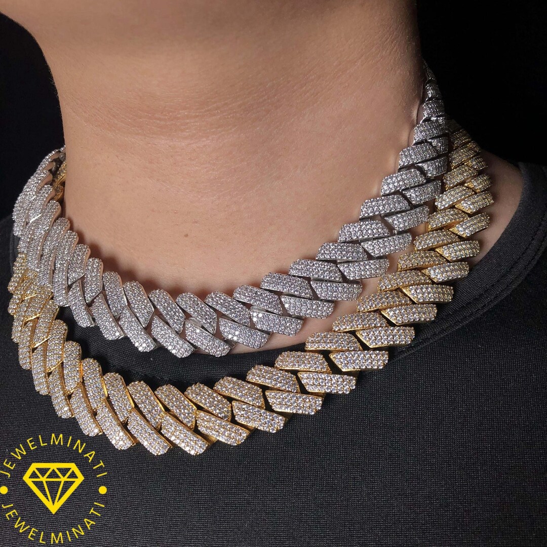 Iced Out 3 Row Setting Cuban Chain, 19mm Moissanite Diamond Prong Chain ...