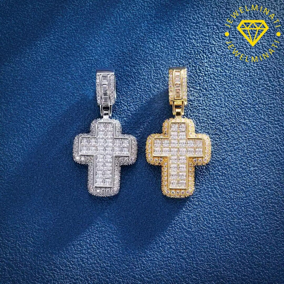 VVS Princess Moissanite Diamond Cross Ice Out 925 Silver Pendant, Mens ...