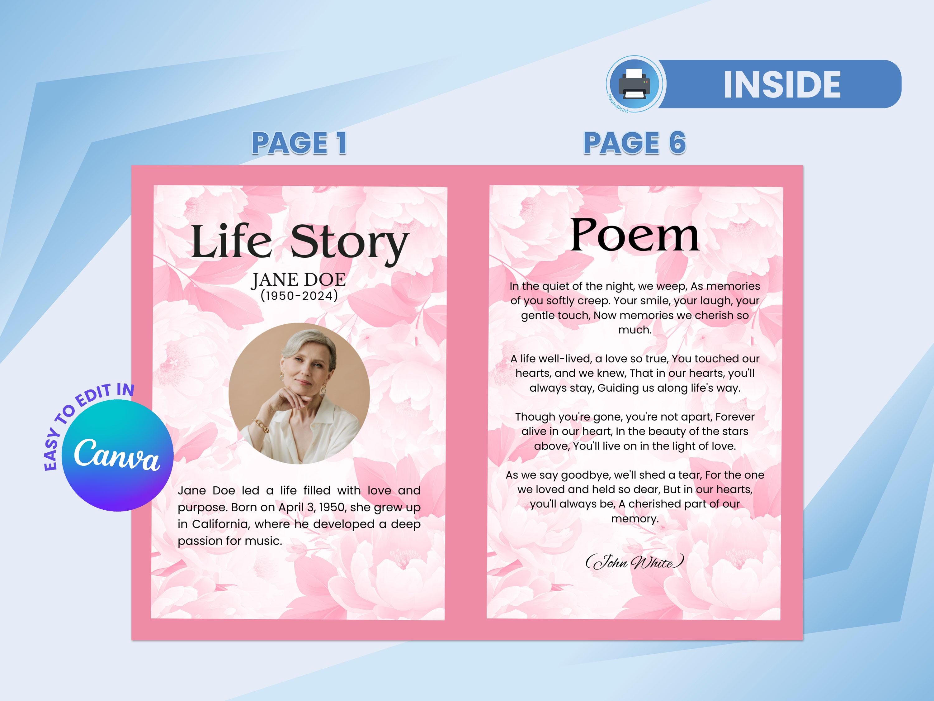 Soft Floral Pink Funeral Program Template Customizable Obituary for ...
