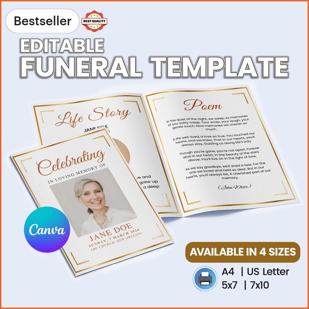 Classic Gold Borders Funeral Program Template | Customizable Obituary ...