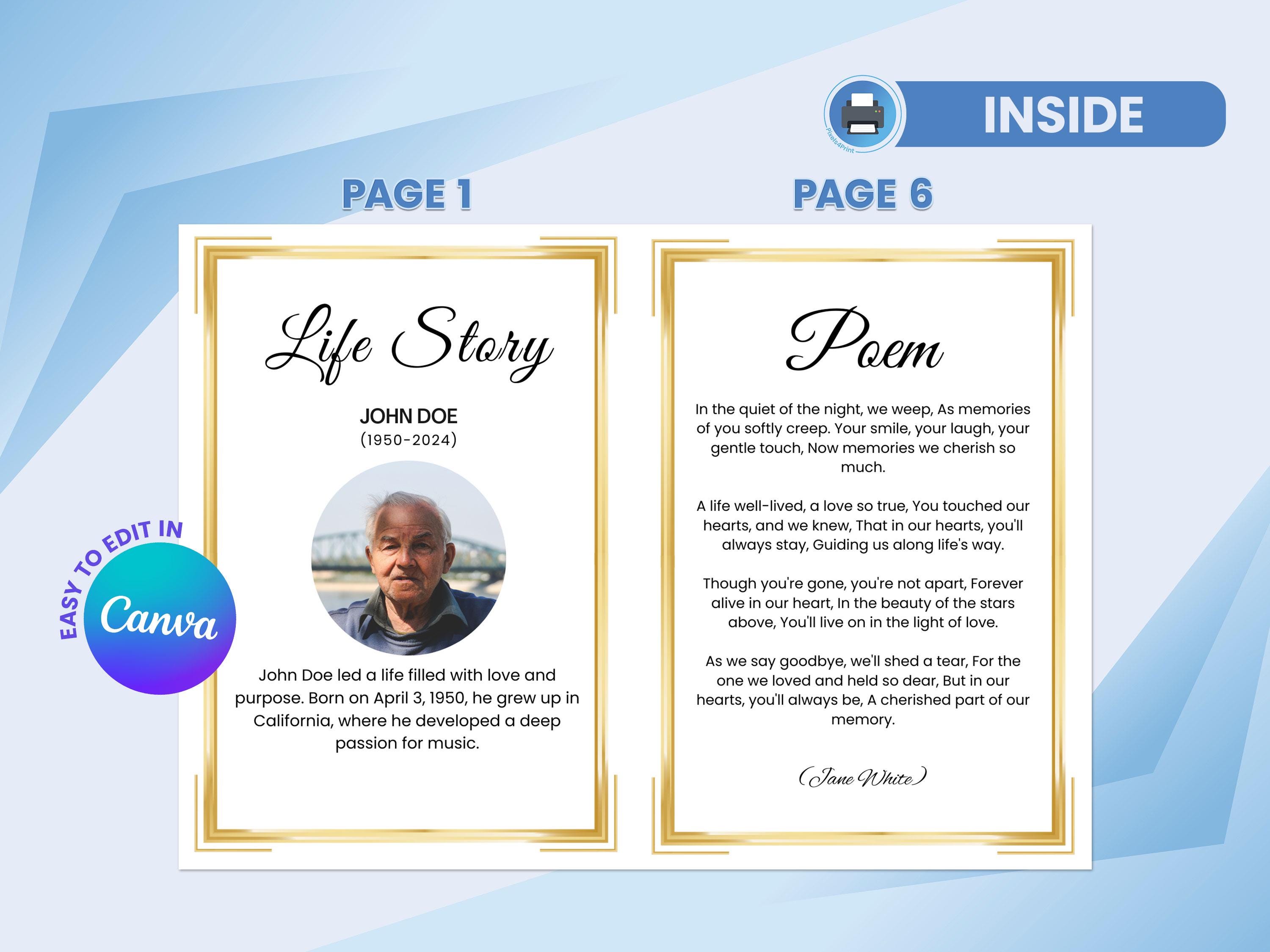 Elegant Gold Funeral Program Template Printable Obituary for Memorial ...