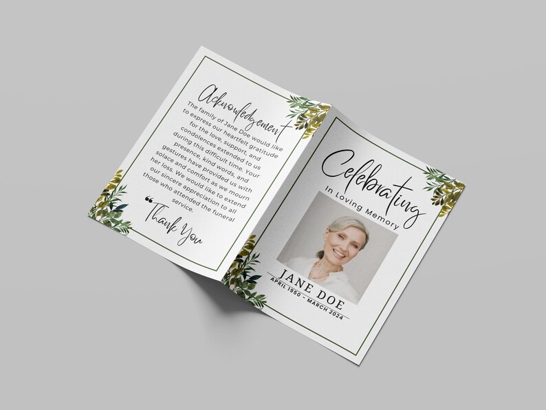 Modern Green Funeral Program Template | Customizable Obituary for ...