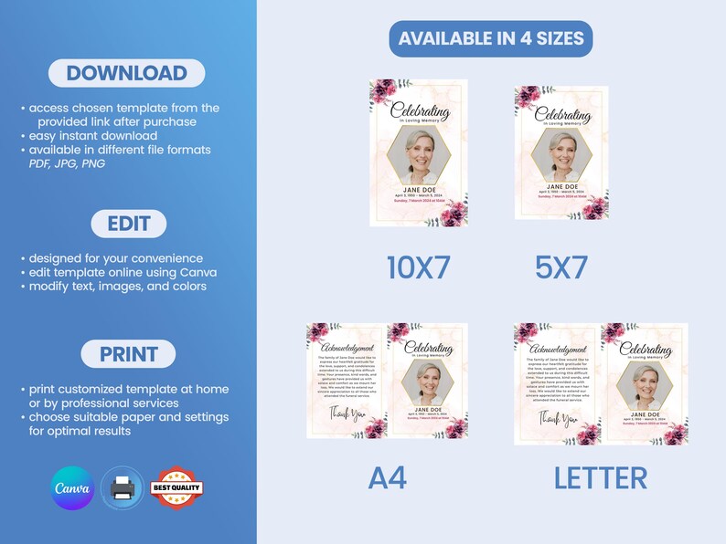 Elegant Rose Funeral Program Template Customizable Obituary for ...