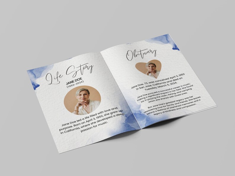 Blue Watercolor Funeral Program Template: Editable Memorial (digital ...
