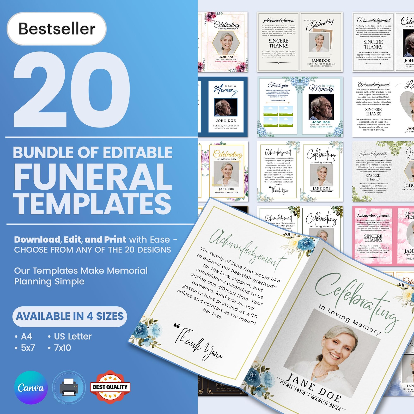 20 Editable Funeral Program Templates Bundle | Customizable Obituary ...